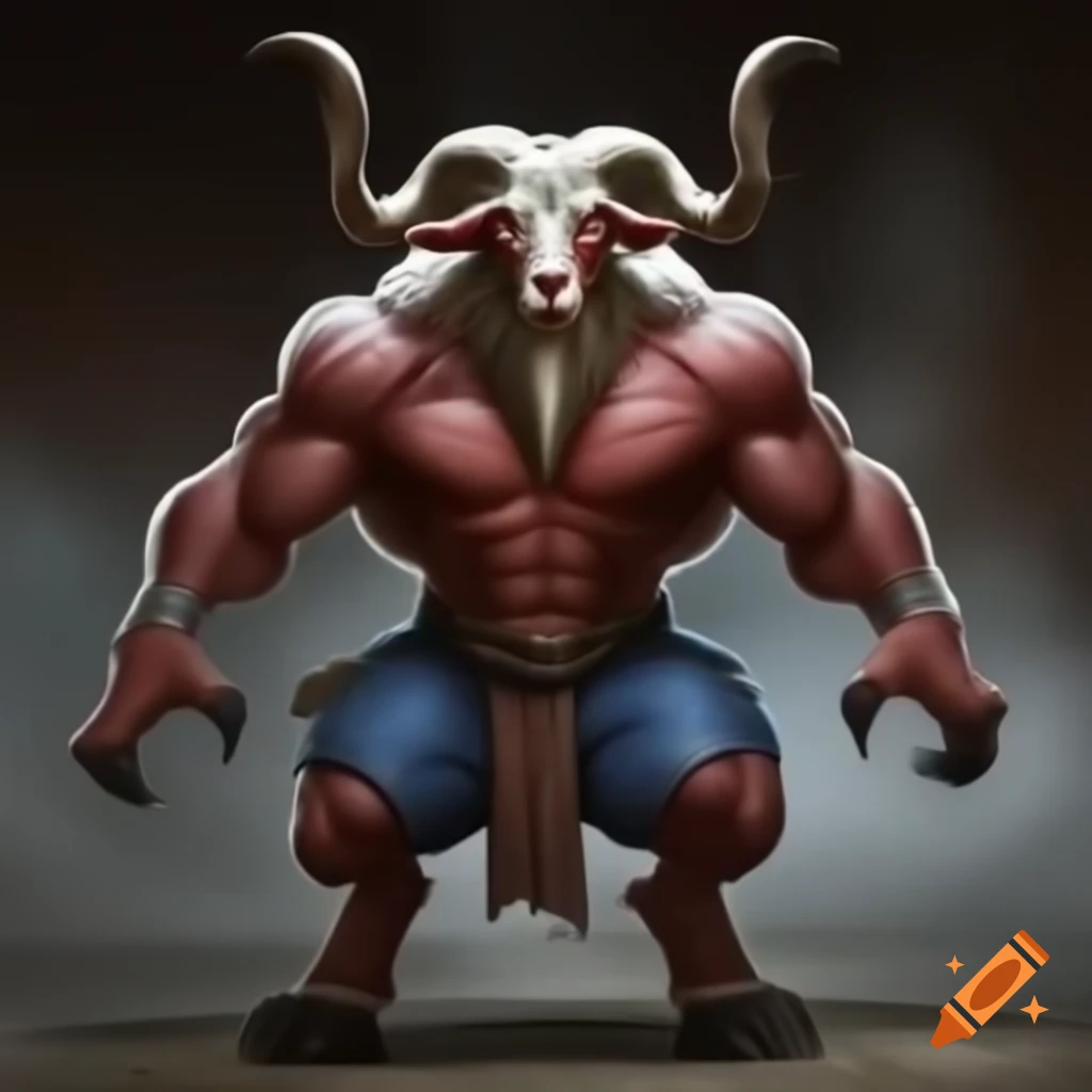 Goat-headed demon with large horns and muscular build in standing ...