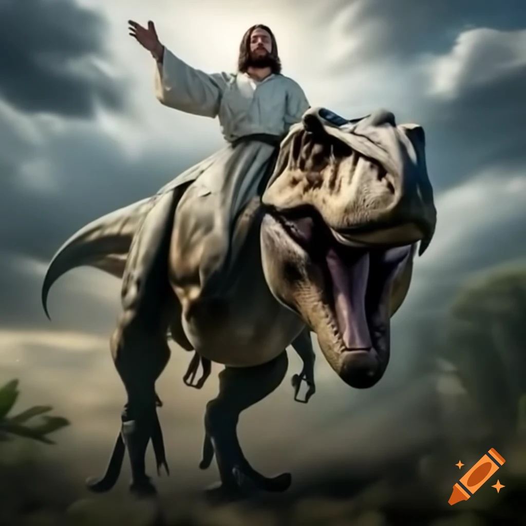 Jesus Christ riding a Tyrannosaurus rex in a surreal scene on Craiyon
