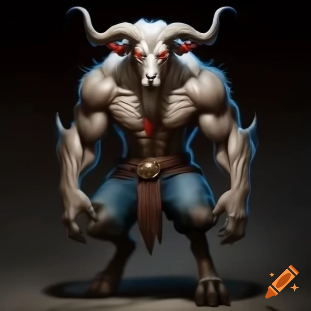 Realistic depiction of a strong goat-headed demon with large horns and ...