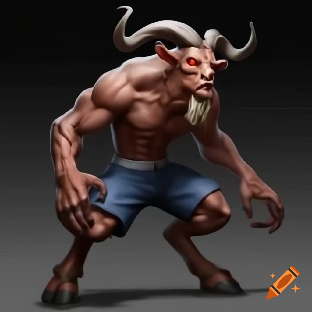 Realistic depiction of a goat-headed demon with large horns and ...