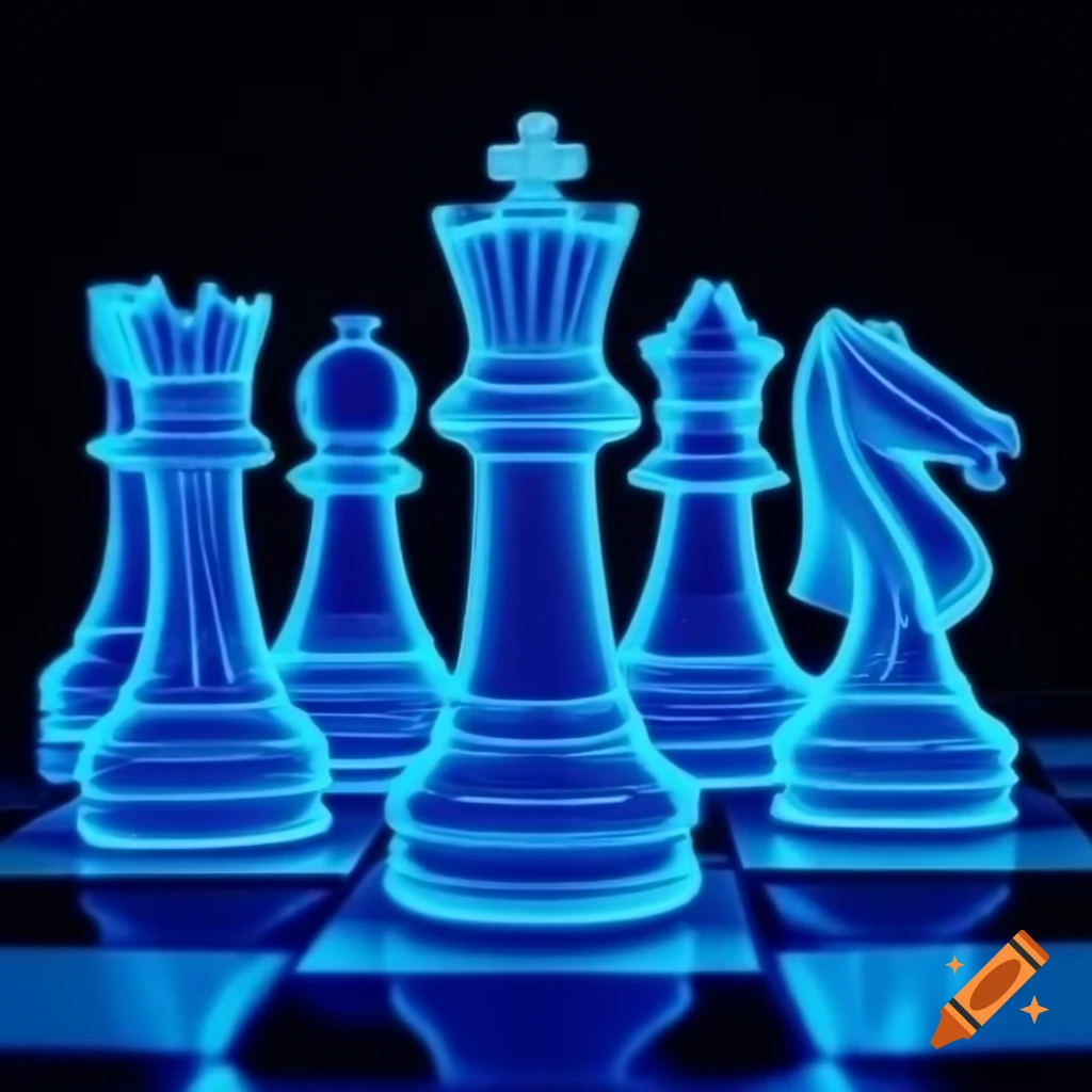 Neon blue chess pieces displayed on a board on Craiyon