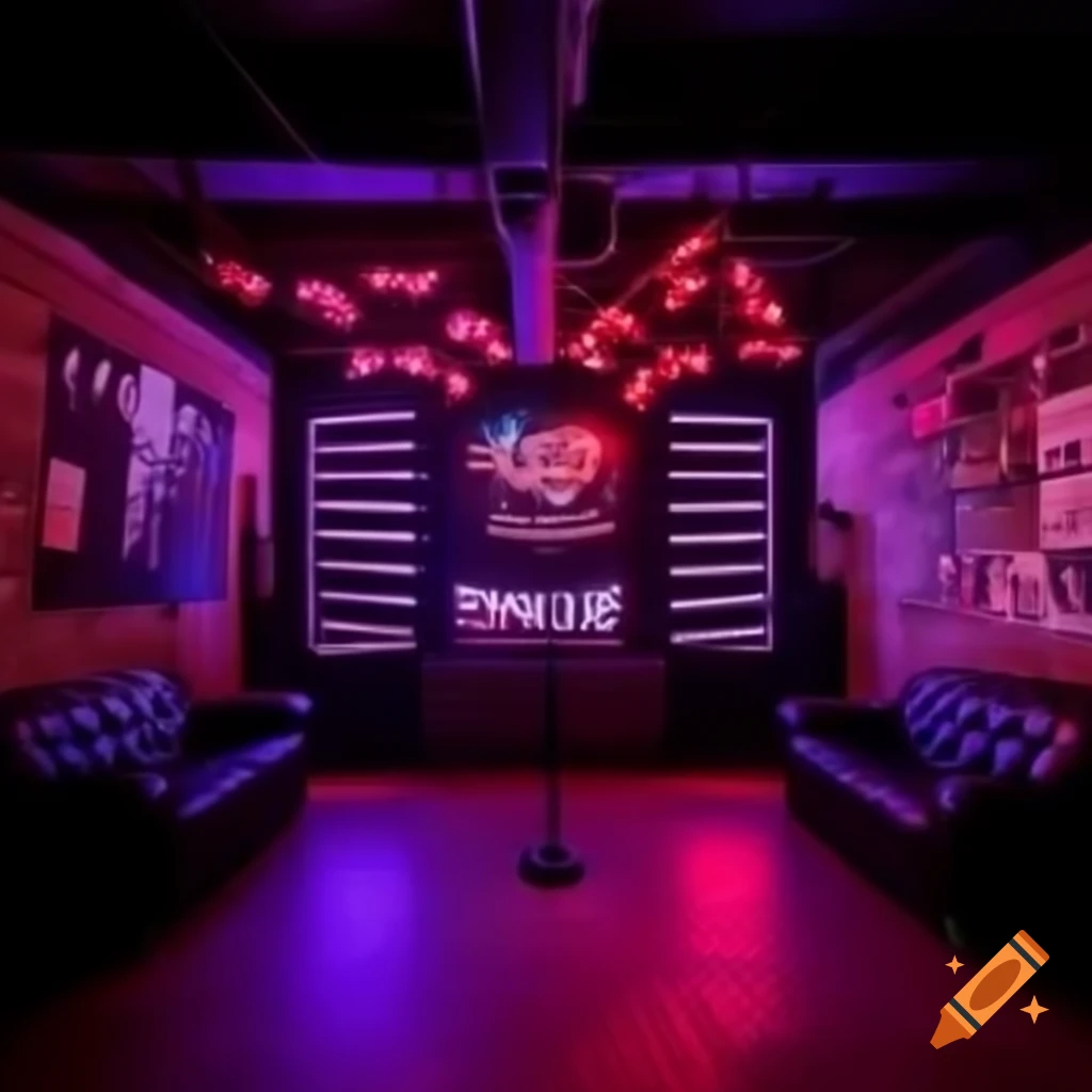 Rock-themed karaoke box with brick walls and band posters, dark ...