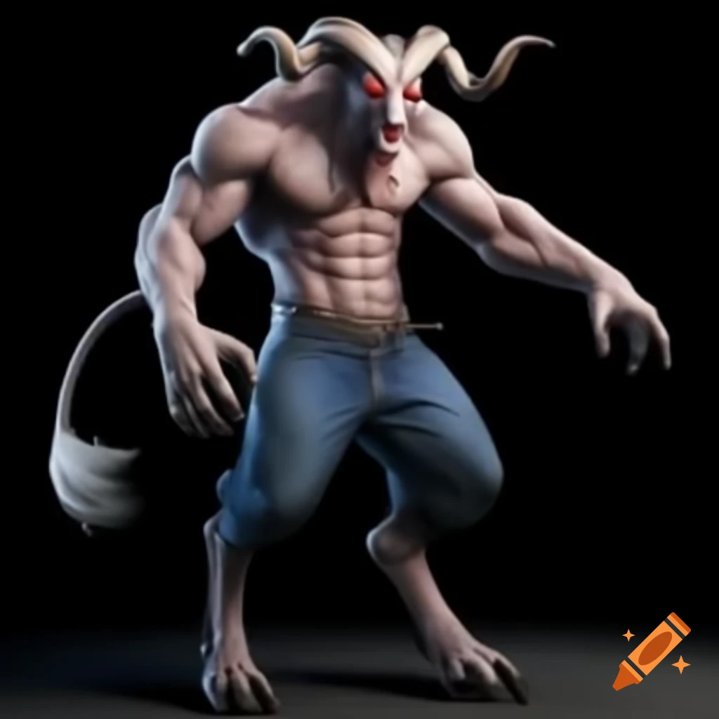 Realistic depiction of a strong goat-headed demon with large horns and ...
