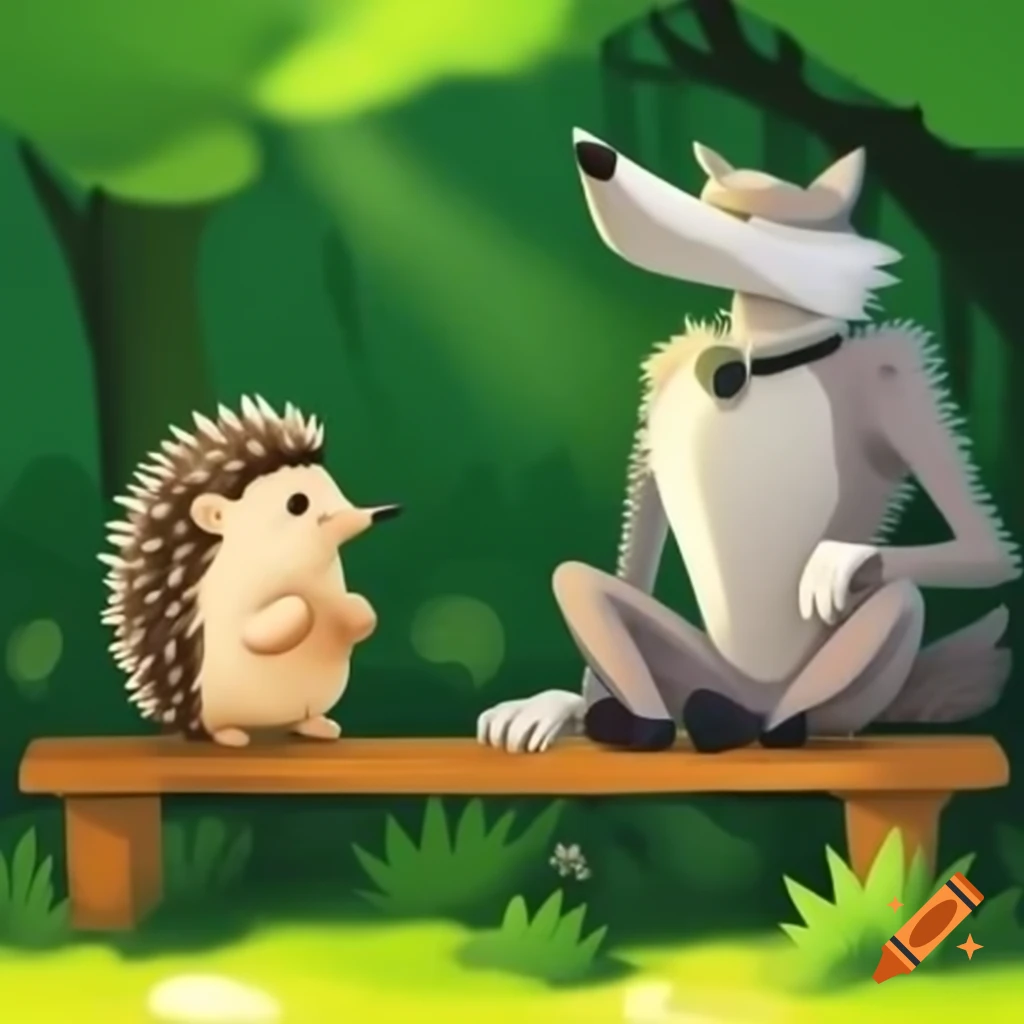 Hedgehog and wolf sitting on bench in forest, classic cartoon style on ...