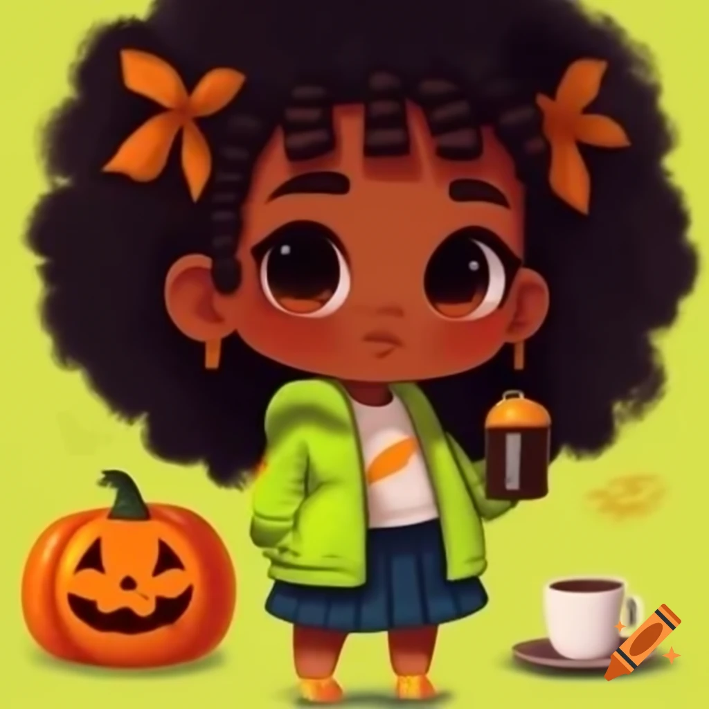 Chibi portrait of African American girl in lime green jacket holding a ...
