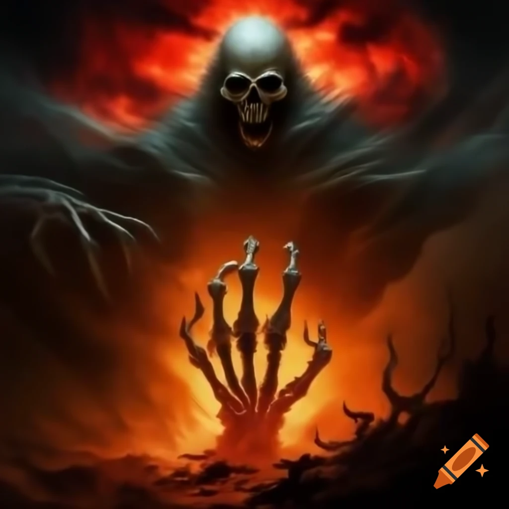 Skeletal hand of death in crimson skies overlooking barren land with ...