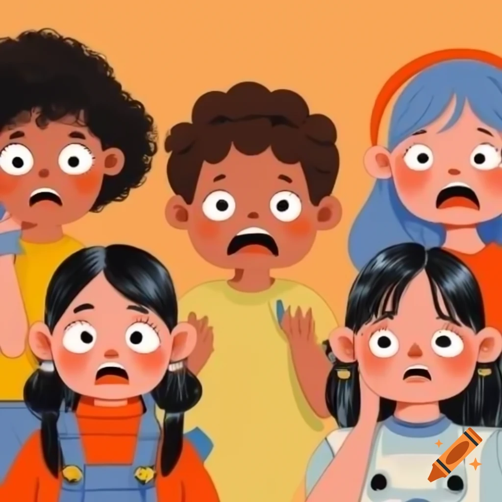 Group of scared children illustrated in boom comic style on Craiyon