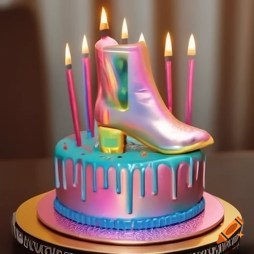 Iridescent boot birthday cake decorated with candles on Craiyon