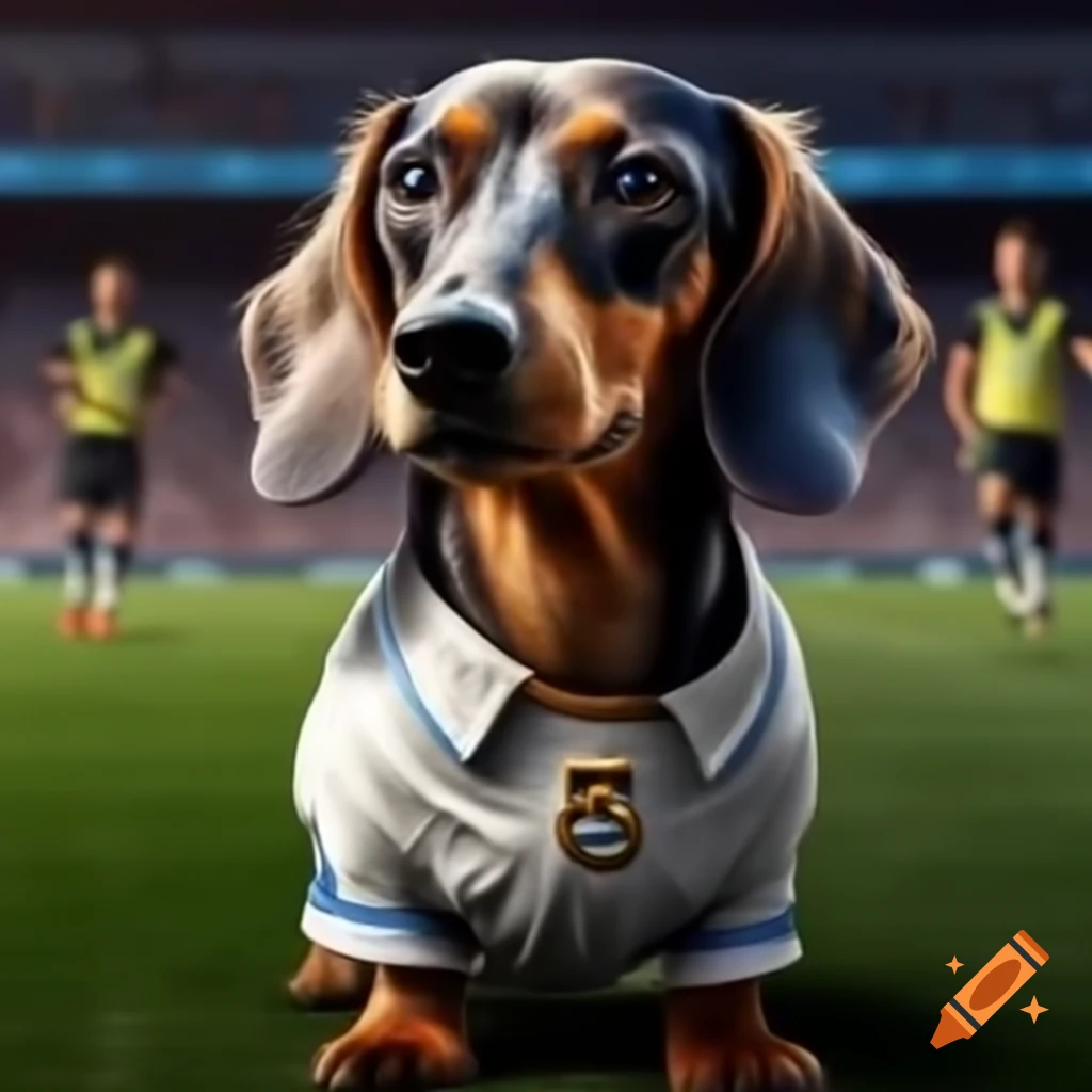 Dapper dachshund in real madrid colors cheering for the team on Craiyon