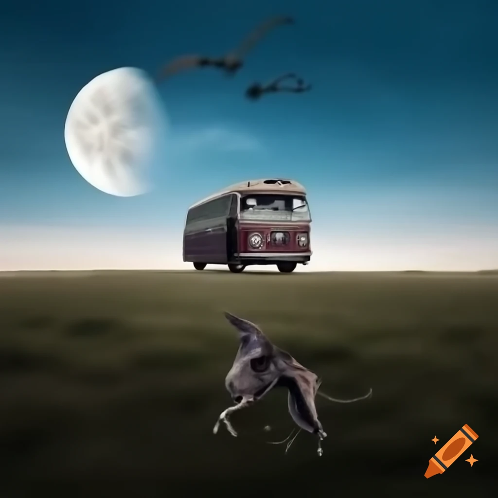 Moon rising over open field with vintage greyhound bus on Craiyon