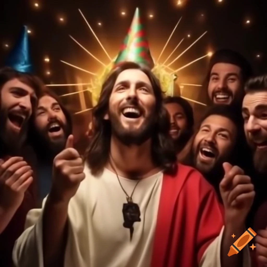 Jesus christ at birthday party wearing a party hat on Craiyon