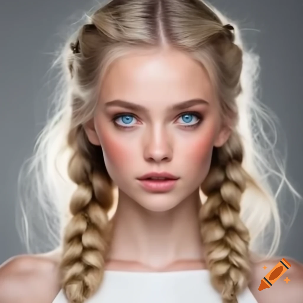 Beautiful Blonde Woman With Blue Eyes And Braided Platinum Hair In White Dress On Craiyon