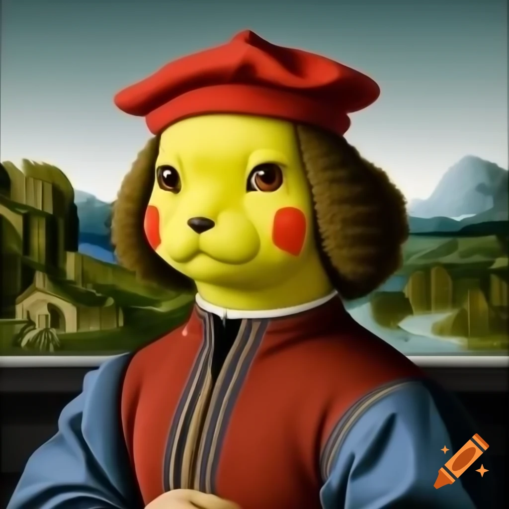 Pikachu in Renaissance style portrait wearing attire with a lake ...