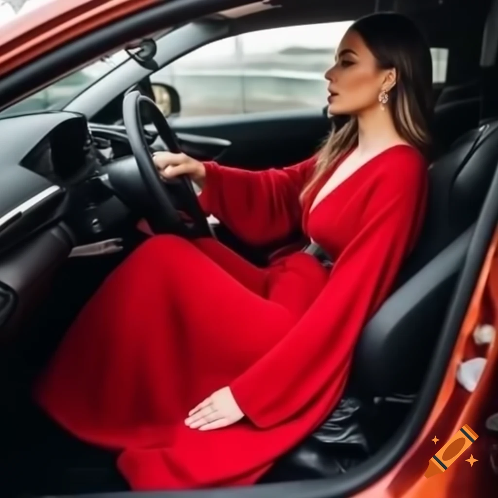 Woman in red dress driving convertible seen from passenger door on Craiyon