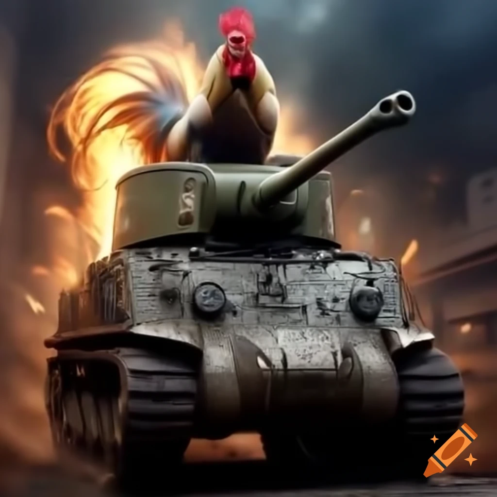 Rooster soldier on Sherman tank firing at zombies on Craiyon