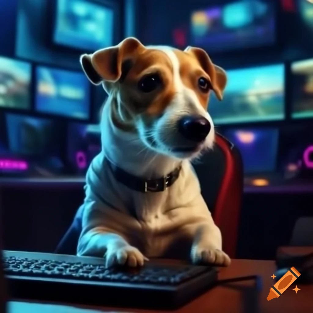 Jack Russell Terrier playing video games at computer on Craiyon