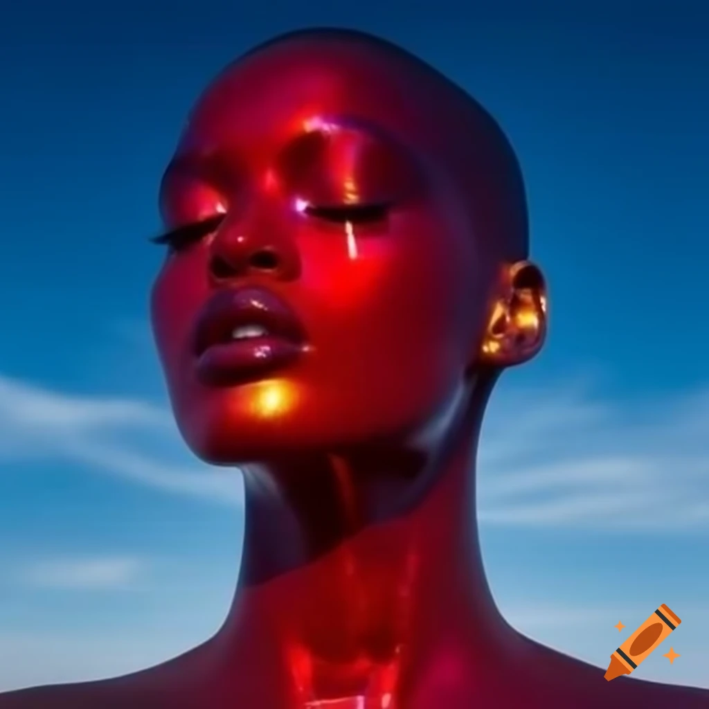 Pop surreal photography of red iridescent glass statue against bright ...
