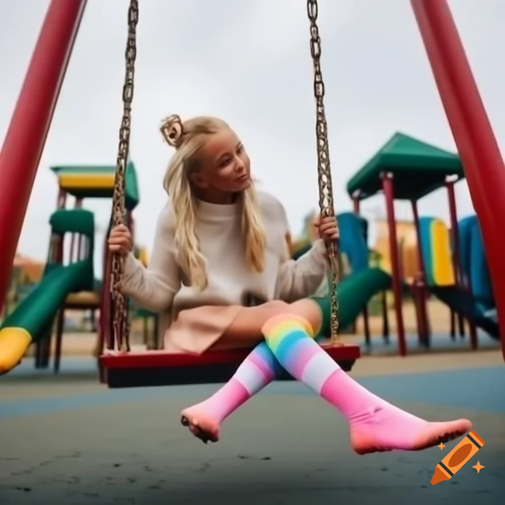 Woman with blonde braids swinging in playground wearing colorful rainbow socks on Craiyon