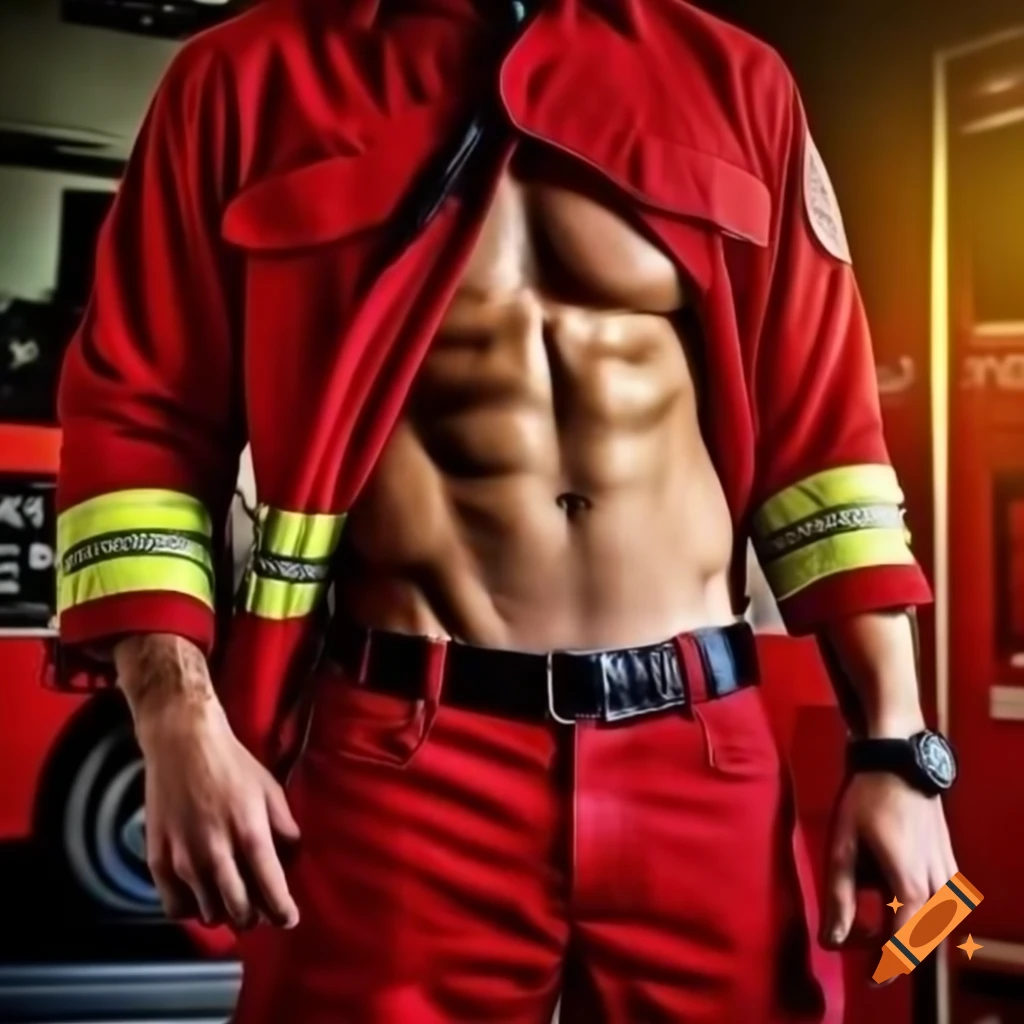 Firefighter showing abs, action scene on Craiyon