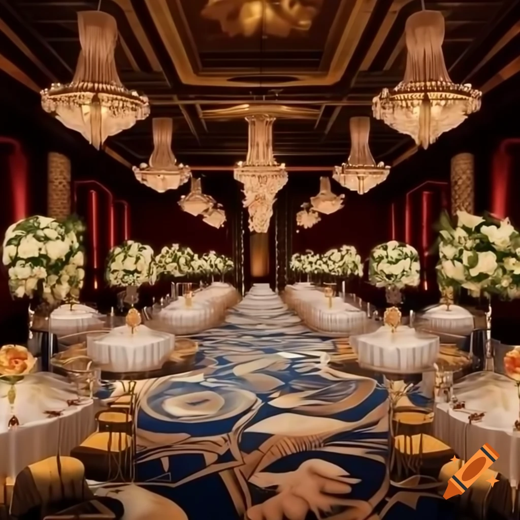 Luxurious French hotel grand ballroom with dance floor and chandeliers ...