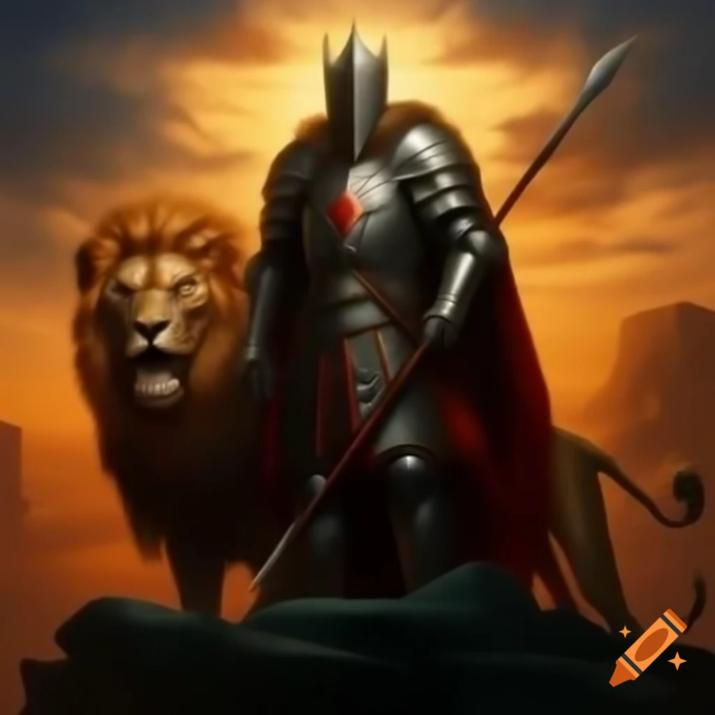 Knight in armor standing next to roaring lion with cross silhouette at ...