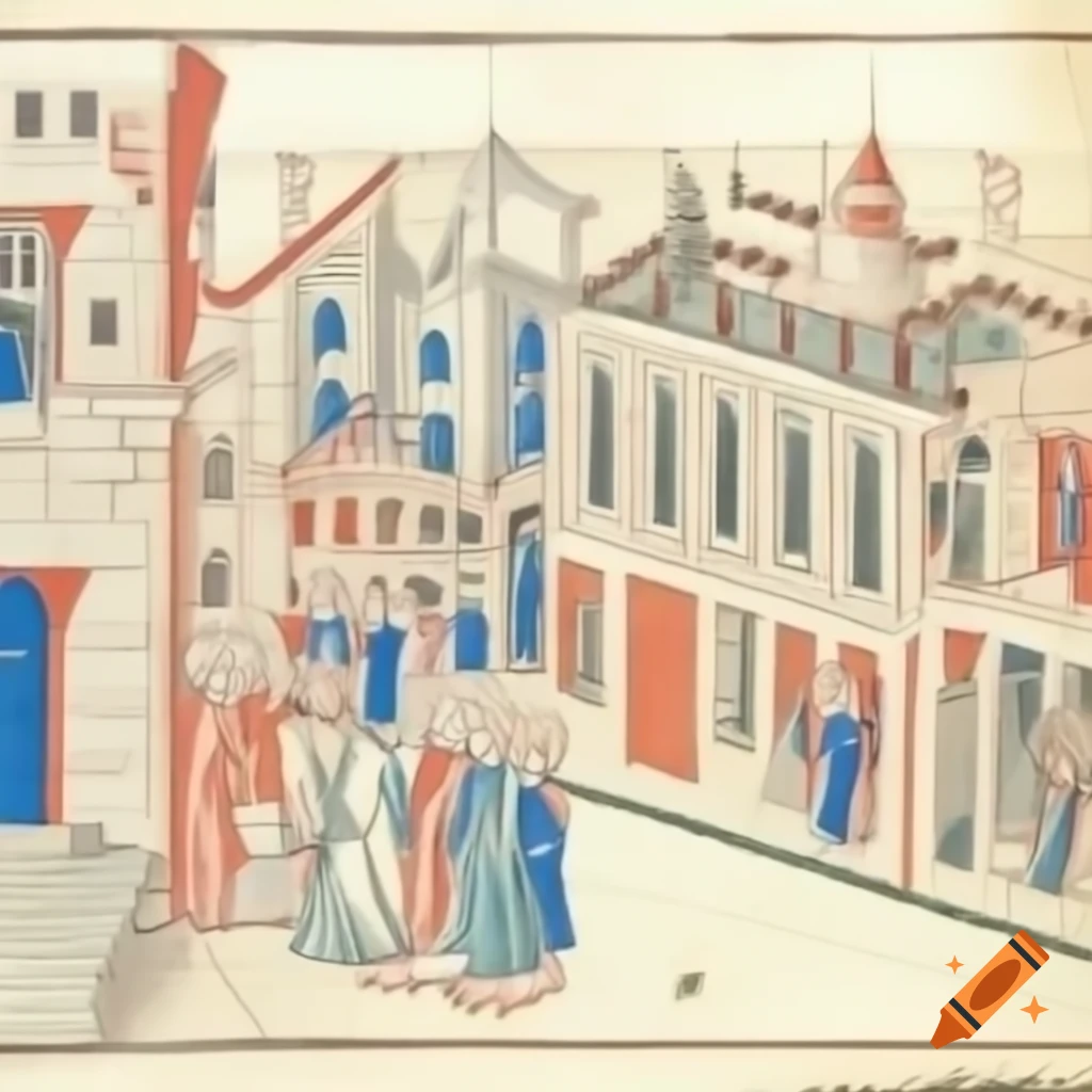12th century medieval manuscript drawing of city street on Craiyon