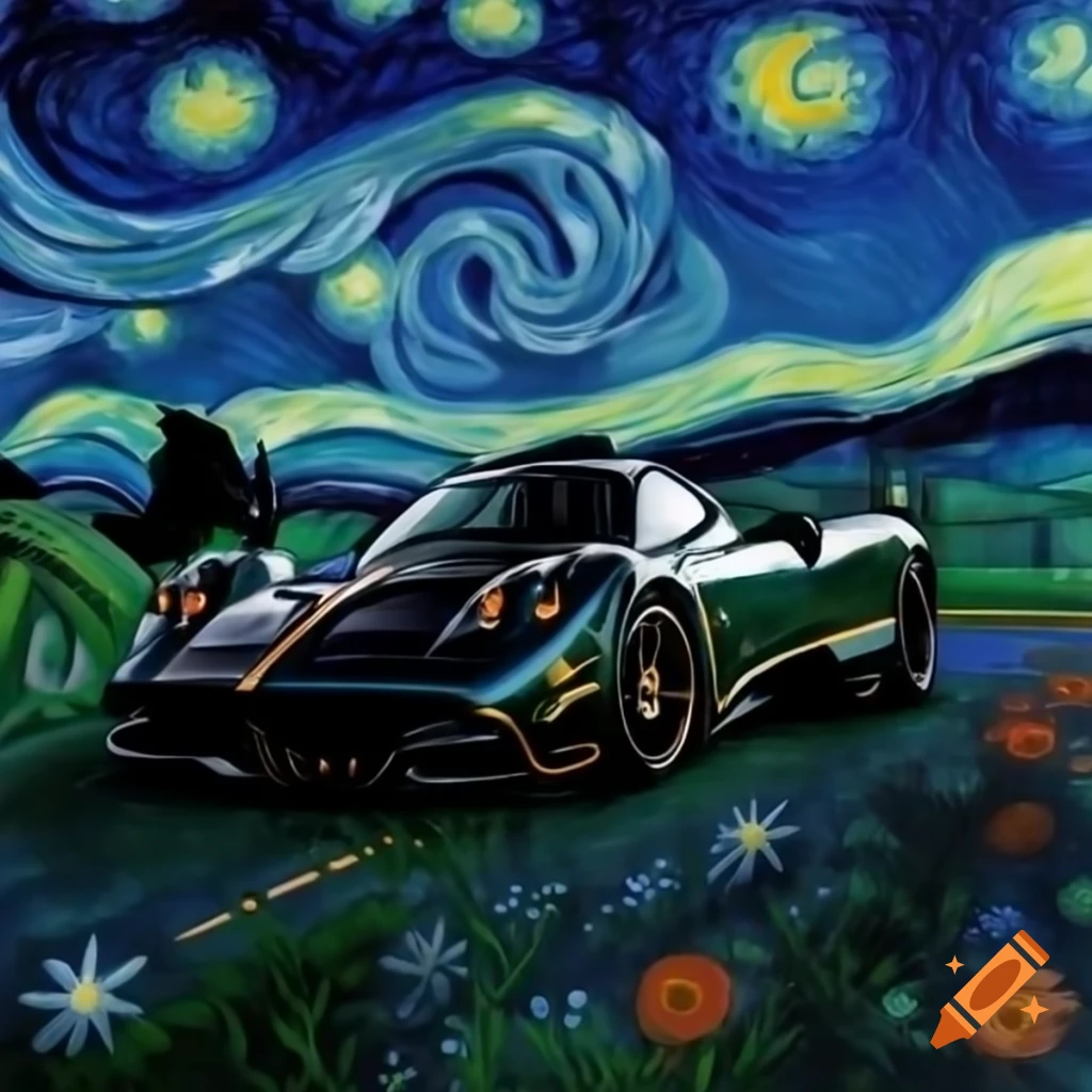 Pagani car under a starry night inspired by Van Gogh on Craiyon
