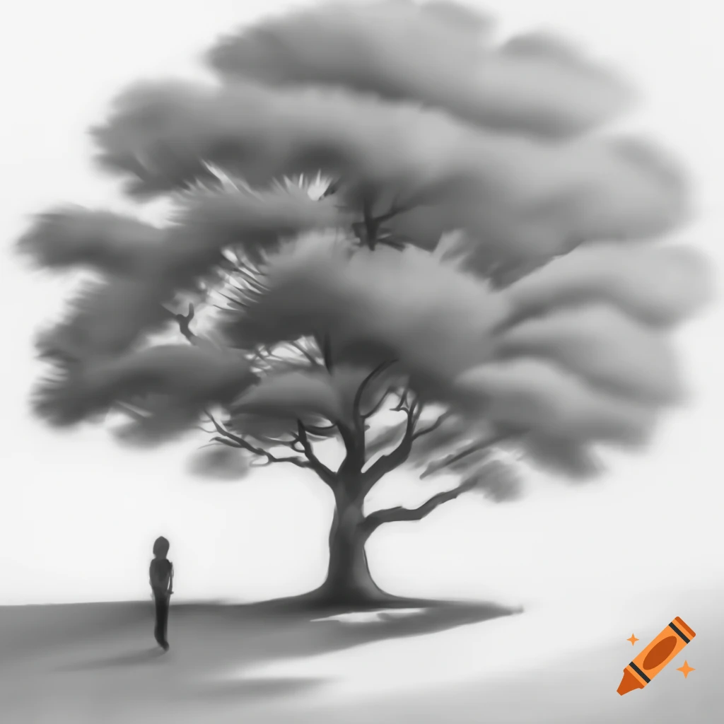 Pencil sketch of large oak tree with woman standing underneath casting ...