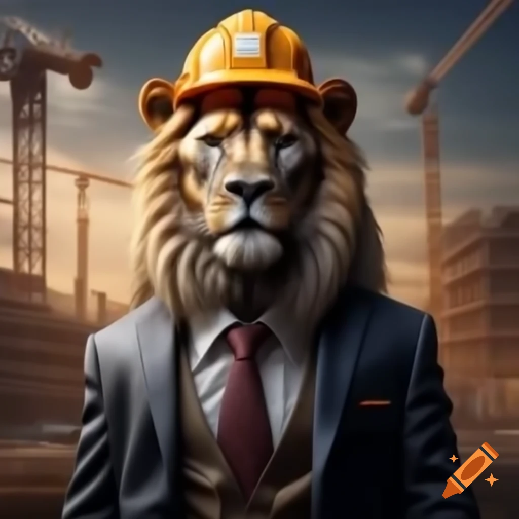 Charismatic lion in suit and safety cap as civil engineer with ...