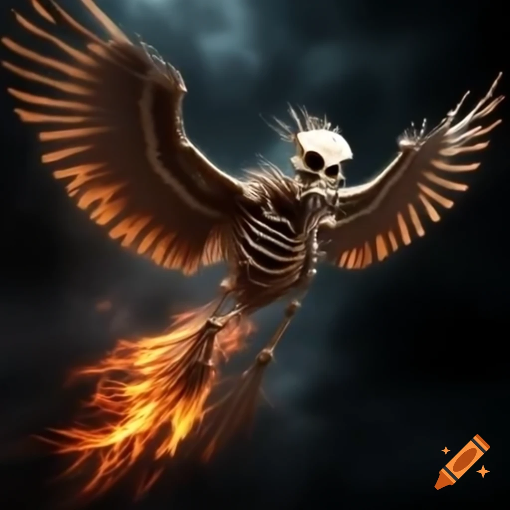 Skeleton bird flying with flames on Craiyon