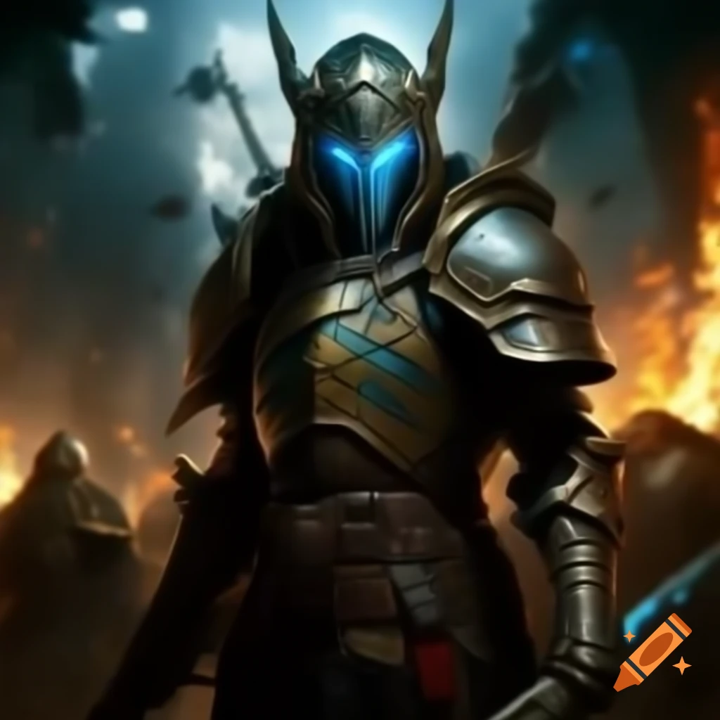 Bioluminescent warrior in cobalt armor firing lasers on fantasy ...