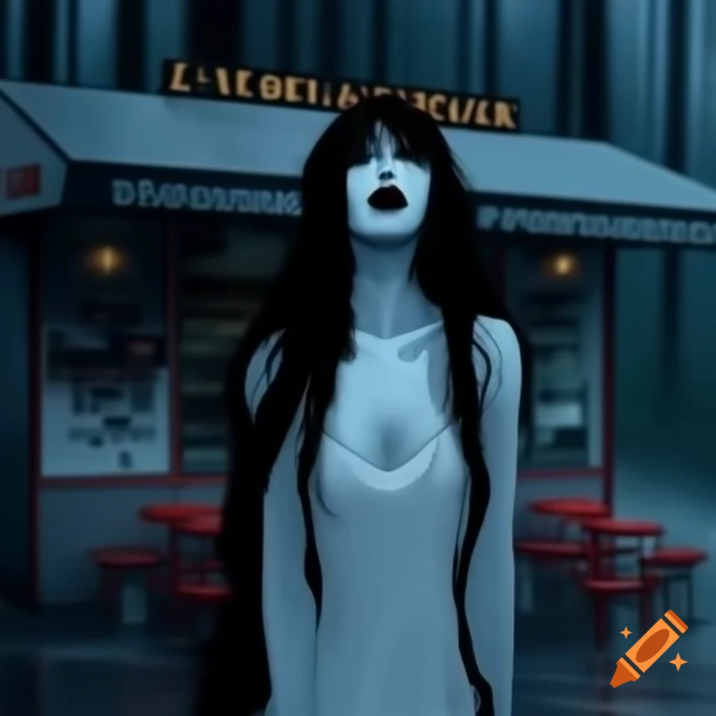 Gothic ghost woman in white dress with black hair in rain near roadway ...