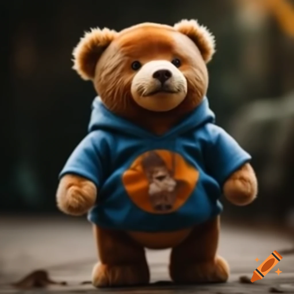 Furry teddy bear wearing sweatshirt, standing and looking cute on Craiyon