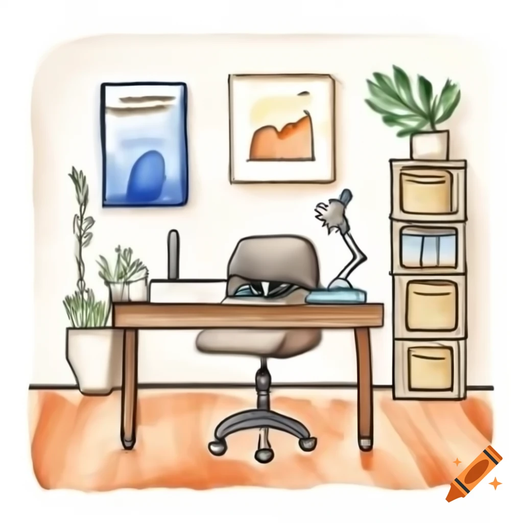 Simple watercolor drawing of an organized office space on Craiyon