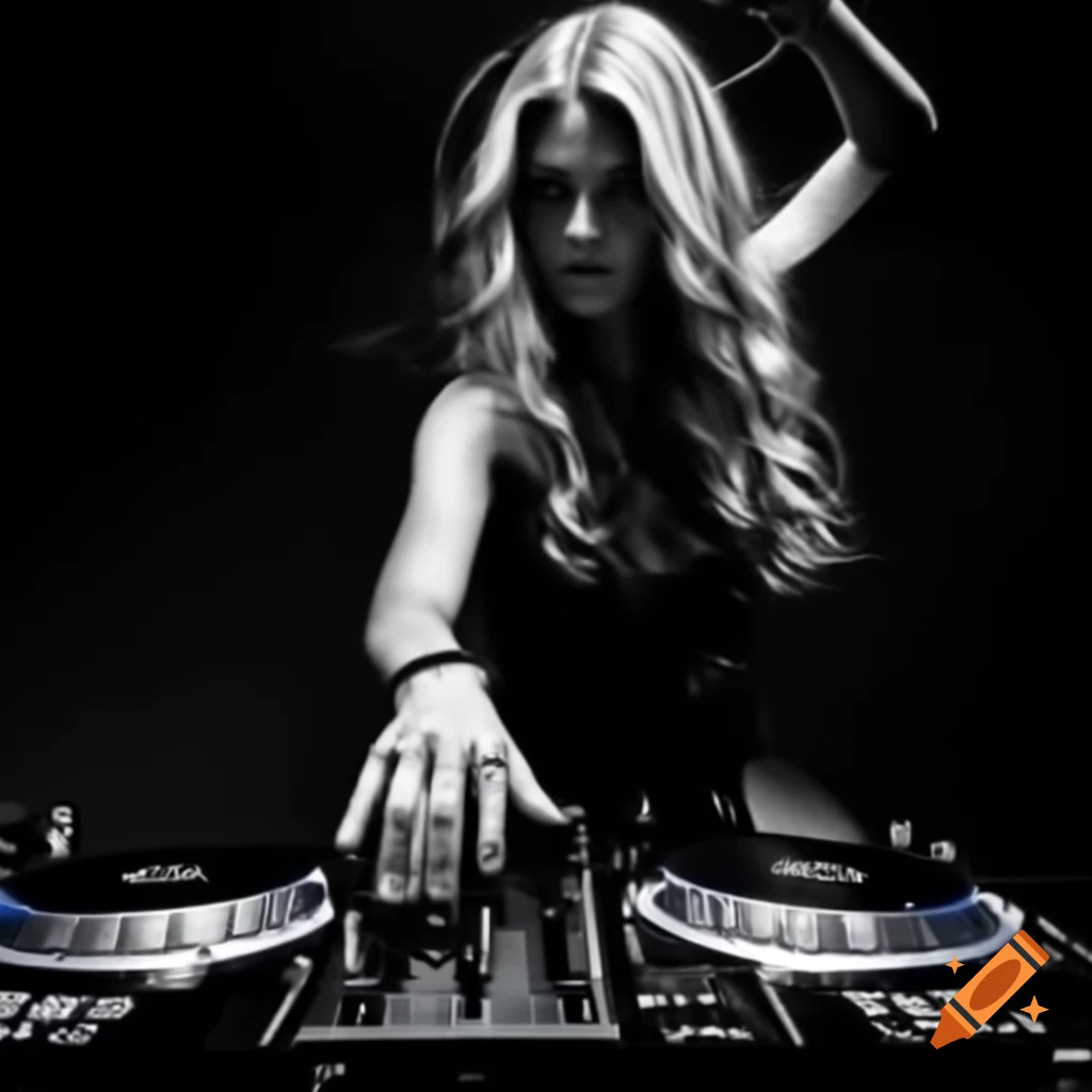 Female dj kneeling and facing forward at 45-degree angle on Craiyon