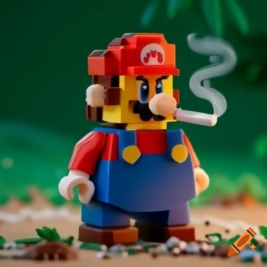 Lego figure dressed as mario in a playful pose on Craiyon