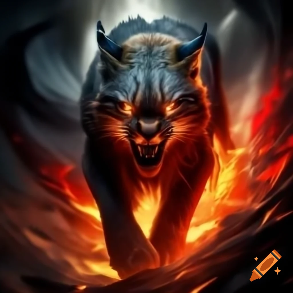 Lynx emerging from fire vortex with fiery red gaze on Craiyon
