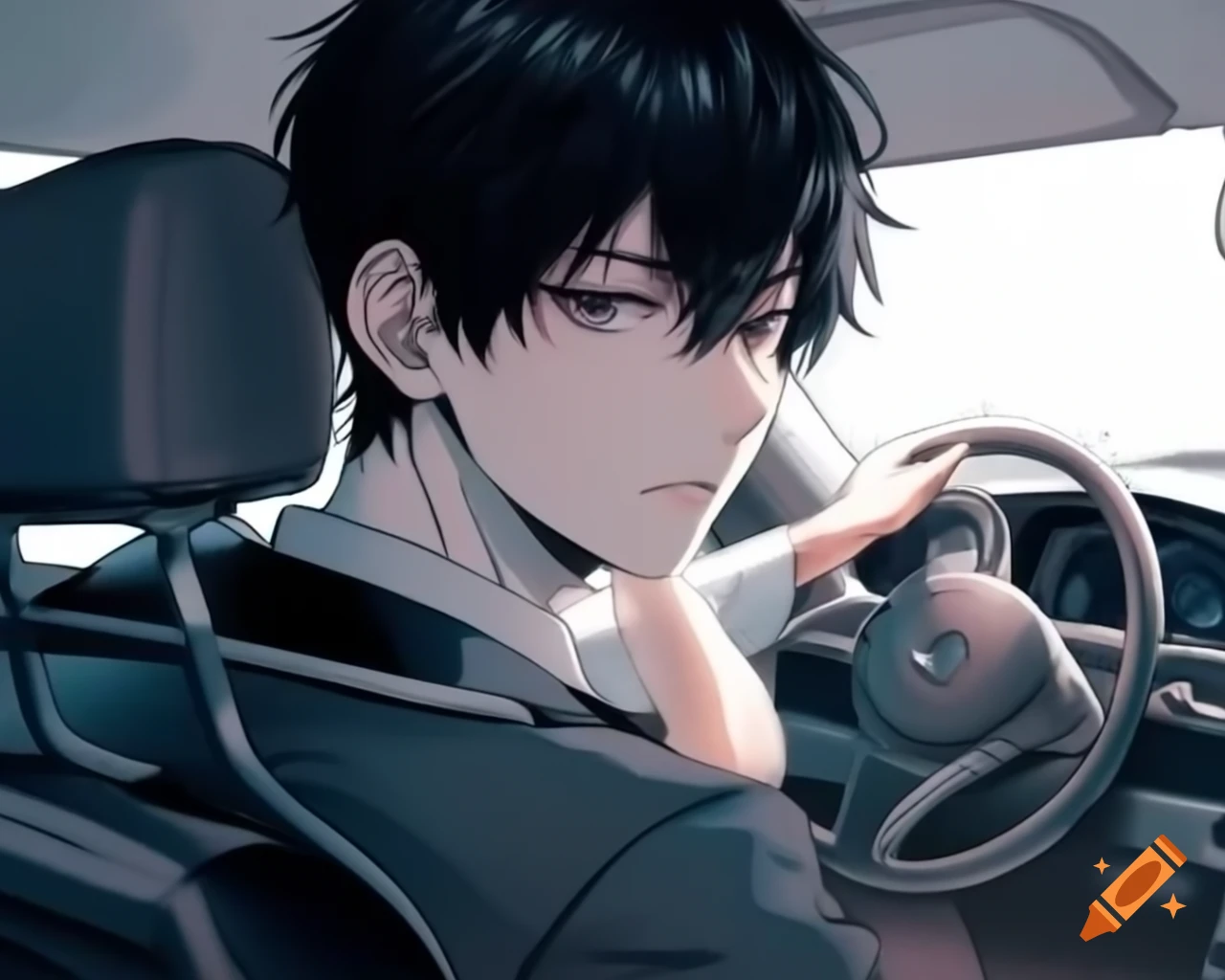 Handsome man with black hair looking nervous in driver's seat of a car ...