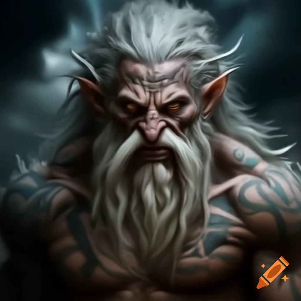 Formidable goliath druid with gray skin, wild white hair, and tribal ...