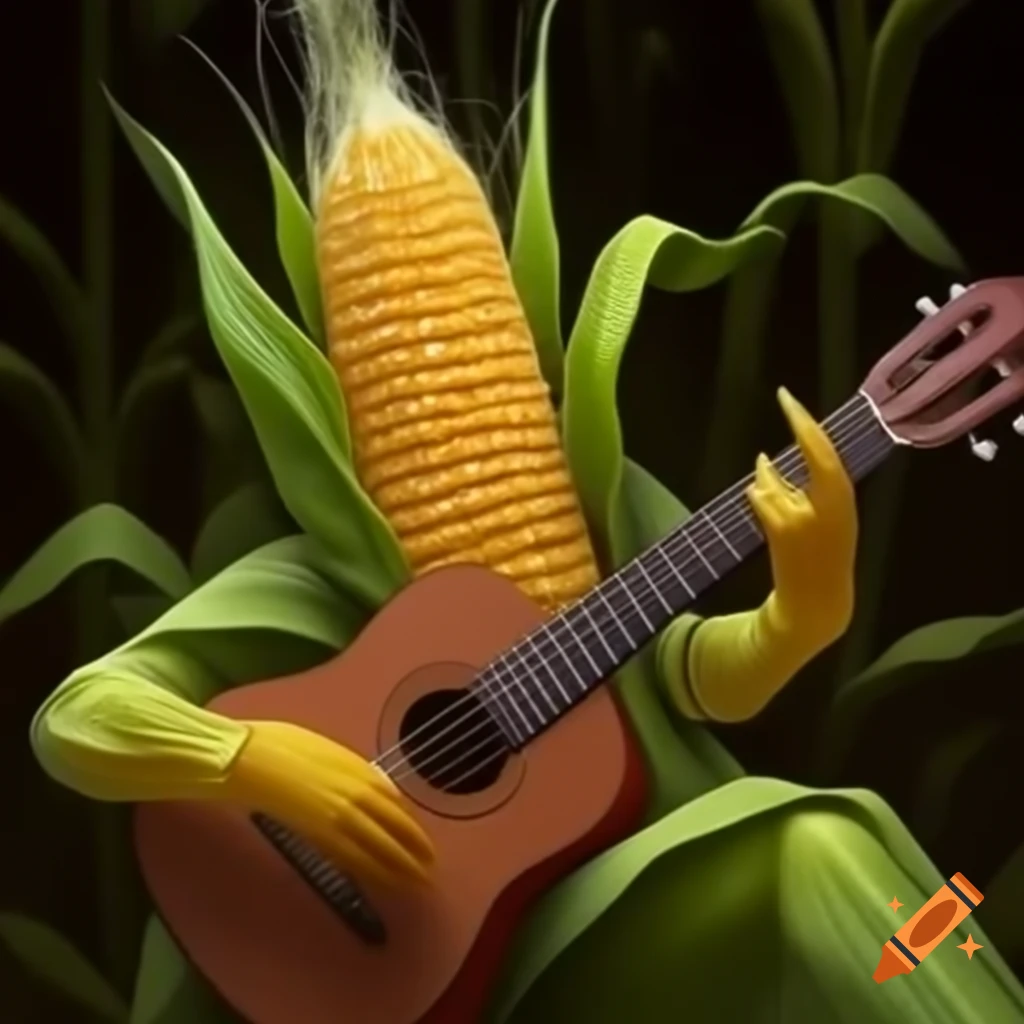 Psychedelic corn character playing guitar on Craiyon