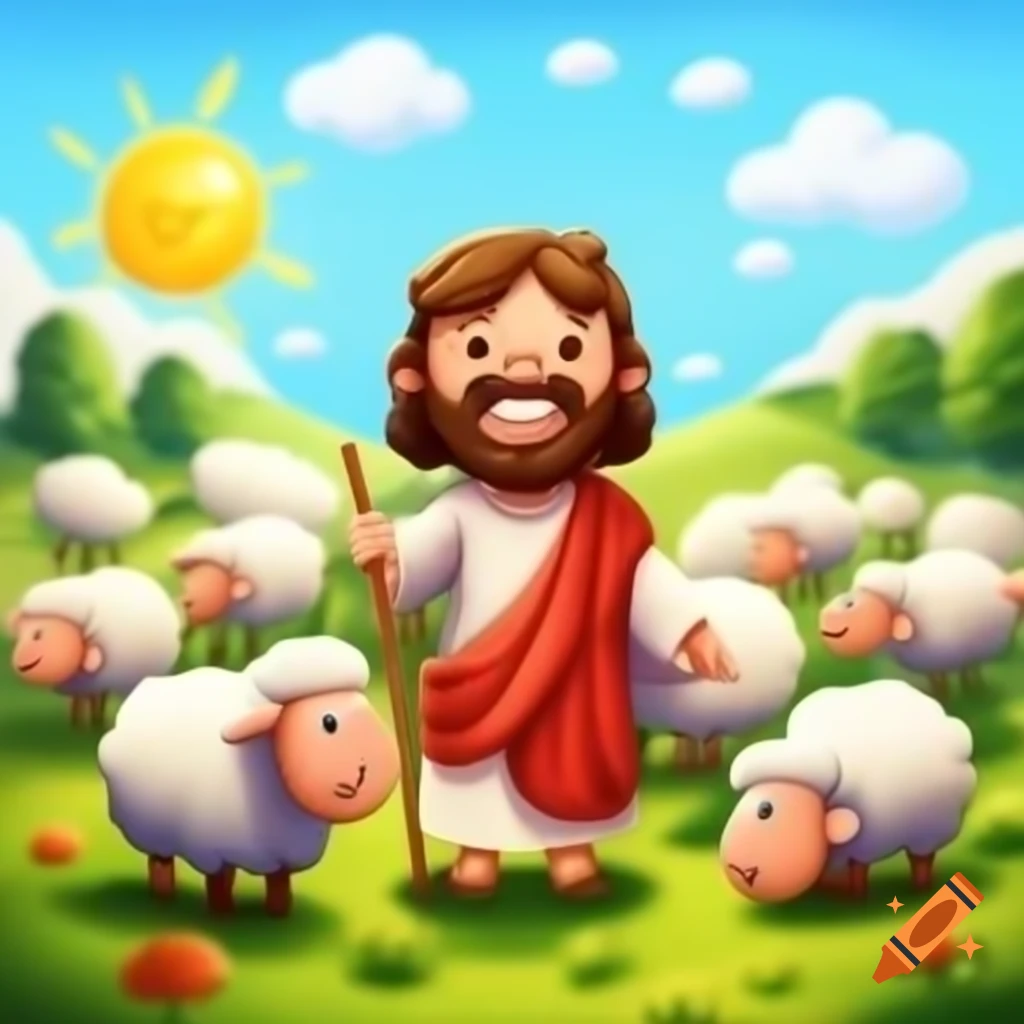 Cheerful shepherd with cartoon sheep in sunny pasture, symbolizing Good ...