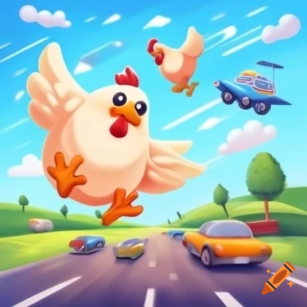 Cartoon chicken flying over cars on Craiyon