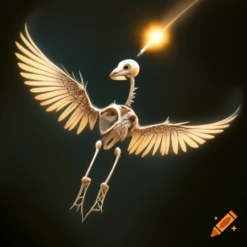 Flying bird skeleton emitting bright light on Craiyon
