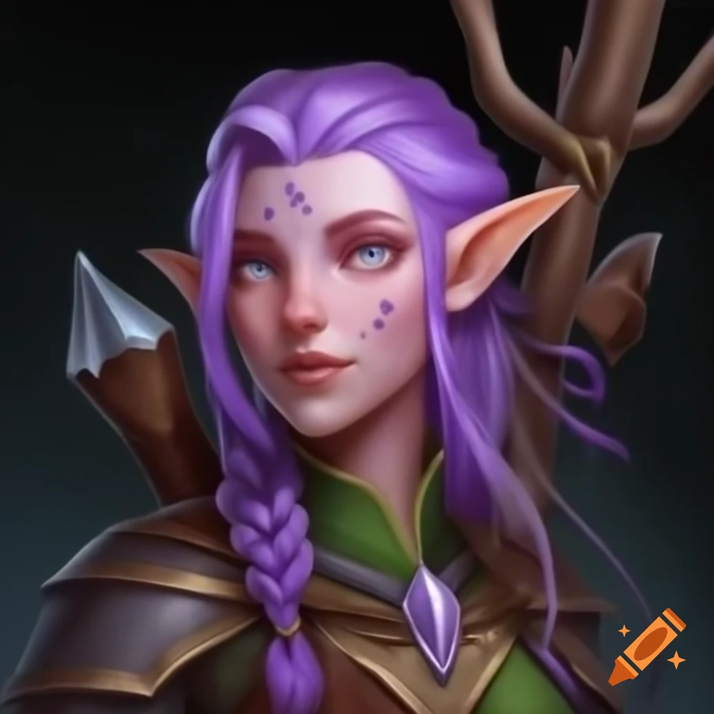 Female elf druid with peachy skin, silver eyes, and purple hair ...