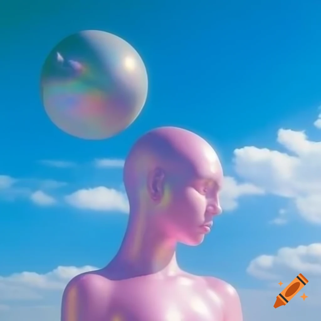 Iridescent statue against bright sky in pop surreal 2000s photography ...