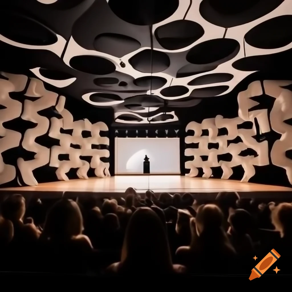 Modern architecture of fall fashion runway stage with unique reflective ...