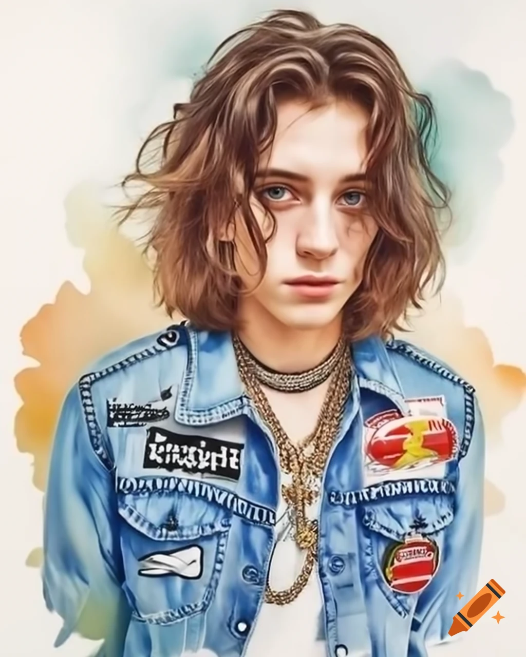 Young rocker with brown hair in denim jacket with patches and ...