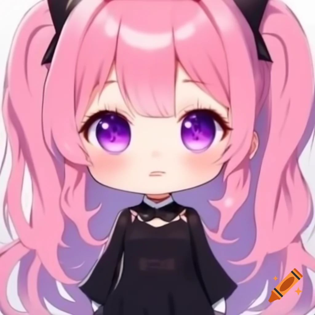 Anime chibi girl with pink hair and purple eyes in a black dress on Craiyon
