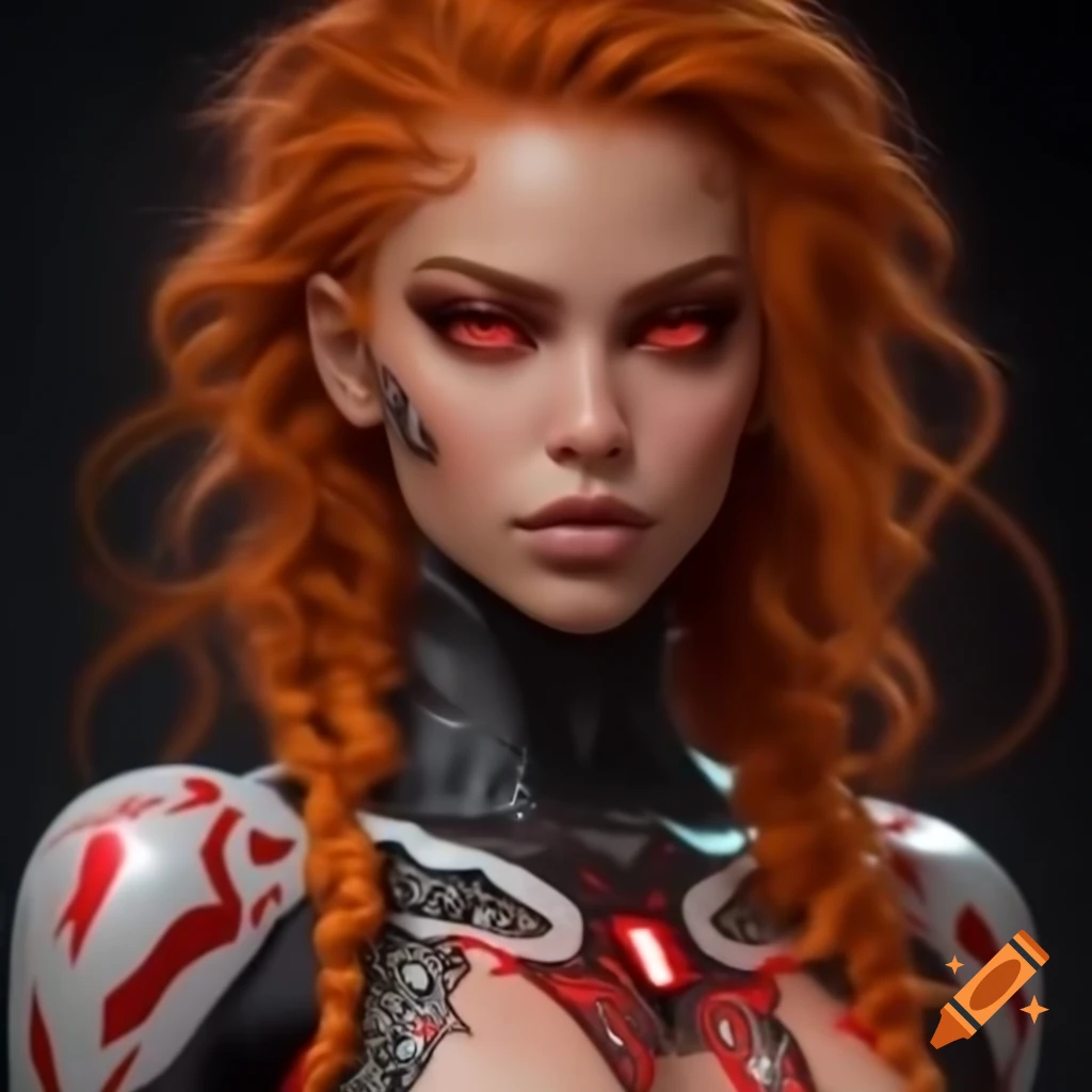 Character with long ginger hair, cybernetic eyes, and elaborate nails ...