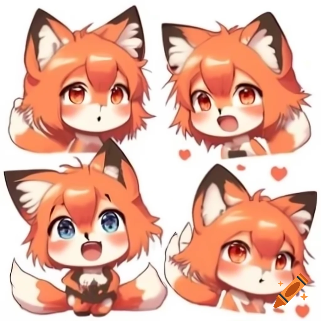 Anime foxes with red hair showing various emotions, chibi style, head ...